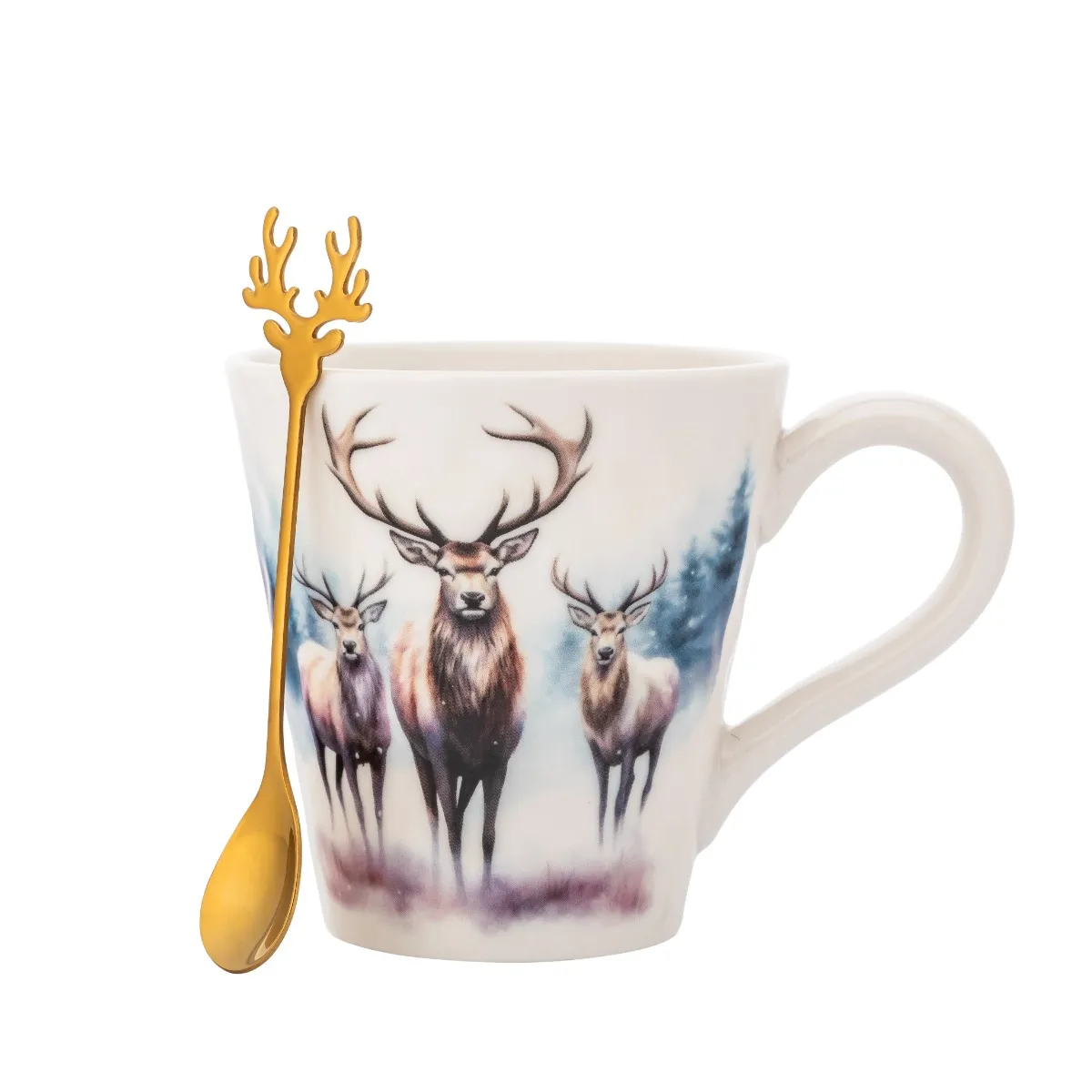 Kubek świąteczny porcelanowy ze złotą łyżeczką Altom Design Jeleń A 480 ml - altom.pl