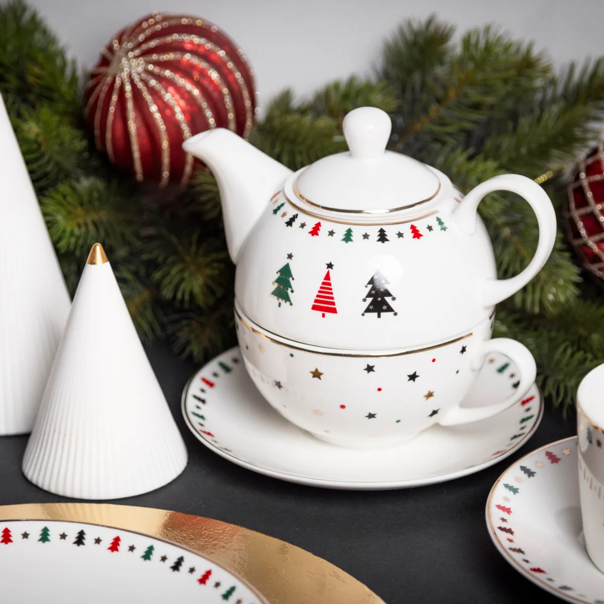 Zestaw do parzenia herbaty tea for one porcelanowy świąteczny New Bone ...